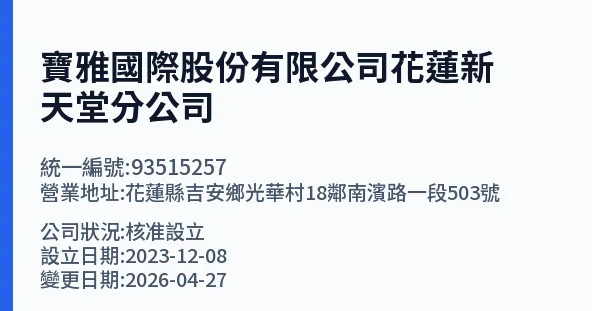 寶雅國際股份有限公司花蓮新天堂分公司的照片-統編 93515257(花蓮縣) 公司登記資料與營業項目詳細圖表