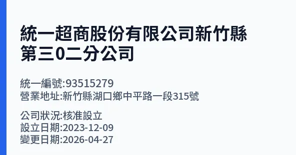統一超商股份有限公司新竹縣第三0二分公司的照片-統編 93515279(新竹縣) 公司登記資料與營業項目詳細圖表