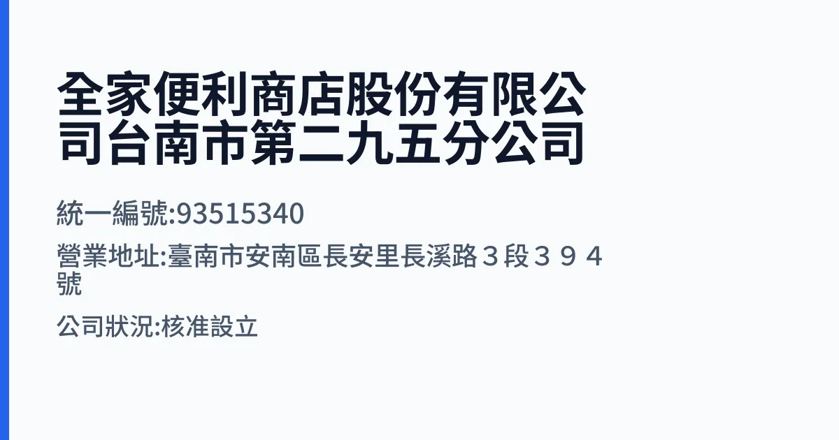 全家便利商店股份有限公司台南市第二九五分公司 - 統編 93515340(臺南市) 公司登記資料與營業項目詳細圖表