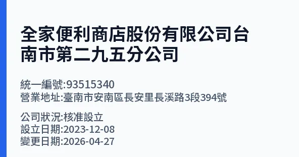 全家便利商店股份有限公司台南市第二九五分公司的照片-統編 93515340(臺南市) 公司登記資料與營業項目詳細圖表