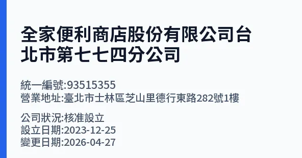 全家便利商店股份有限公司台北市第七七四分公司的照片-統編 93515355(臺北市) 公司登記資料與營業項目詳細圖表