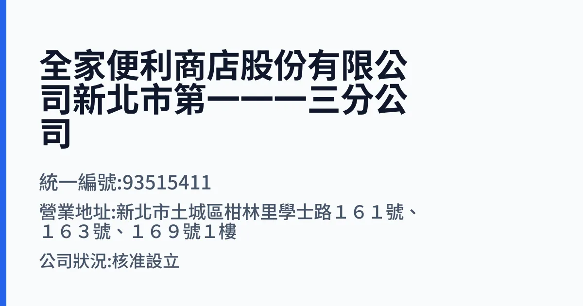 全家便利商店股份有限公司新北市第一一一三分公司 - 統編 93515411(新北市) 公司登記資料與營業項目詳細圖表