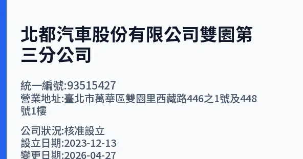 北都汽車股份有限公司雙園第三分公司的照片-統編 93515427(臺北市) 公司登記資料與營業項目詳細圖表