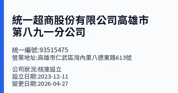 統一超商股份有限公司高雄市第八九一分公司的照片-統編 93515475(高雄市) 公司登記資料與營業項目詳細圖表