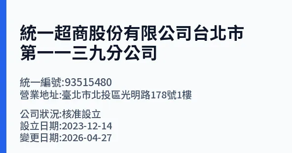 統一超商股份有限公司台北市第一一三九分公司的照片-統編 93515480(臺北市) 公司登記資料與營業項目詳細圖表