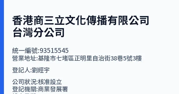 香港商三立文化傳播有限公司台灣分公司的照片-統編 93515545(基隆市) 公司登記資料與營業項目詳細圖表