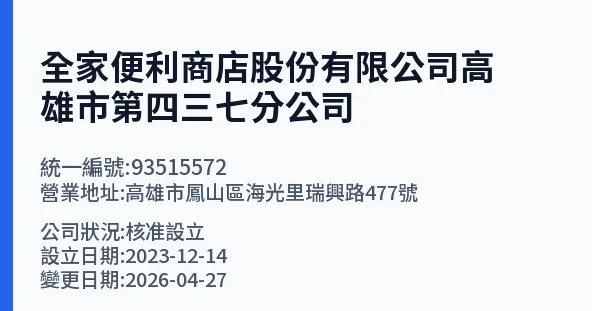 全家便利商店股份有限公司高雄市第四三七分公司的照片-統編 93515572(高雄市) 公司登記資料與營業項目詳細圖表