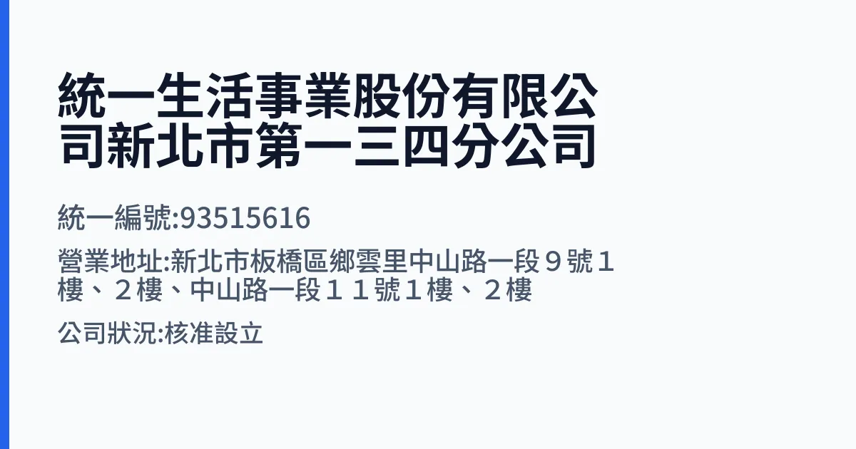 統一生活事業股份有限公司新北市第一三四分公司 - 統編 93515616(新北市) 公司登記資料與營業項目詳細圖表