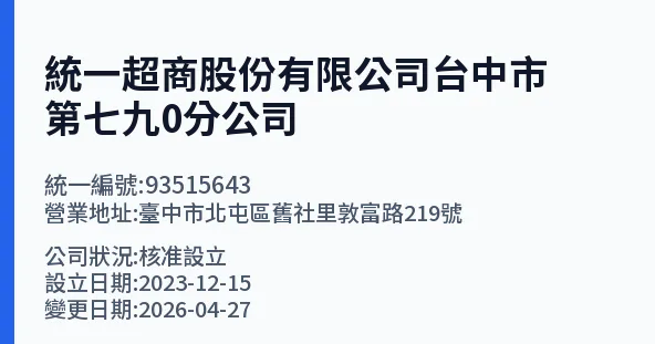 統一超商股份有限公司台中市第七九0分公司的照片-統編 93515643(臺中市) 公司登記資料與營業項目詳細圖表