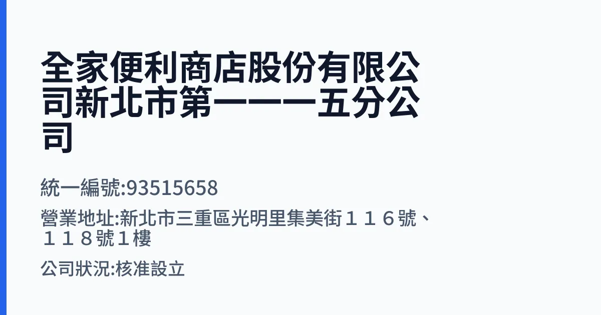 全家便利商店股份有限公司新北市第一一一五分公司 - 統編 93515658(新北市) 公司登記資料與營業項目詳細圖表