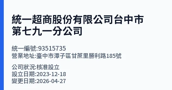統一超商股份有限公司台中市第七九一分公司的照片-統編 93515735(臺中市) 公司登記資料與營業項目詳細圖表