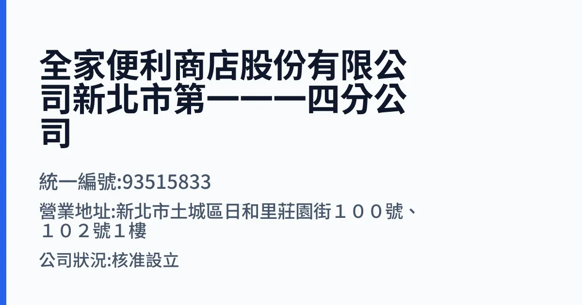 全家便利商店股份有限公司新北市第一一一四分公司 - 統編 93515833(新北市) 公司登記資料與營業項目詳細圖表