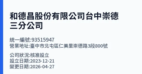 和德昌股份有限公司台中崇德三分公司的照片-統編 93515947(臺中市) 公司登記資料與營業項目詳細圖表