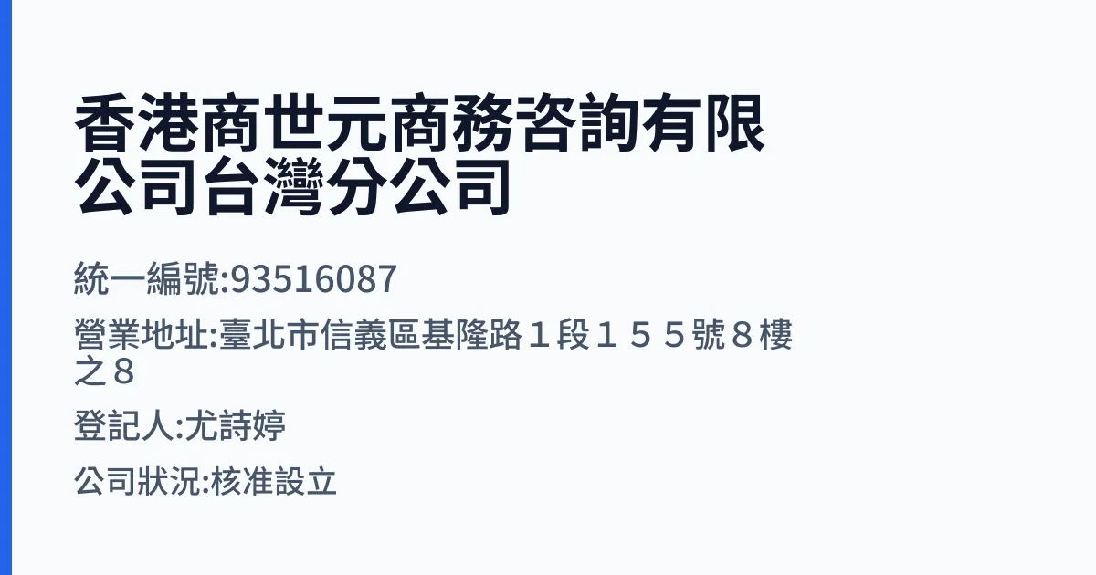 香港商世元商務咨詢有限公司台灣分公司 - 統編 93516087(臺北市) 公司登記資料與營業項目詳細圖表