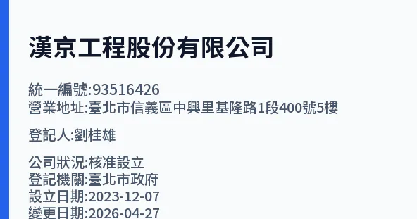 漢京工程股份有限公司的照片-統編 93516426(臺北市) 公司登記資料與營業項目詳細圖表