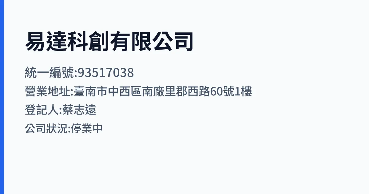 易達科創有限公司 - 統編 93517038(臺南市) 公司登記資料與營業項目詳細圖表