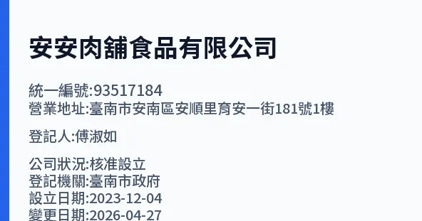安安肉舖食品有限公司的照片-統編 93517184(臺南市) 公司登記資料與營業項目詳細圖表