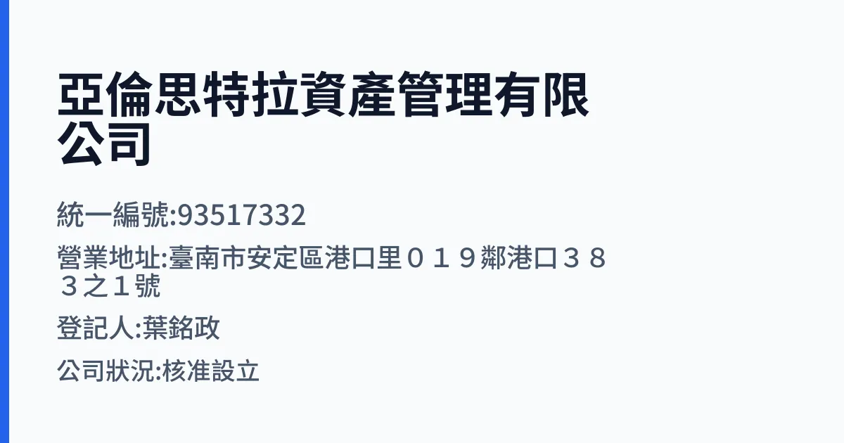 亞倫思特拉資產管理有限公司 - 統編 93517332(臺南市) 公司登記資料與營業項目詳細圖表