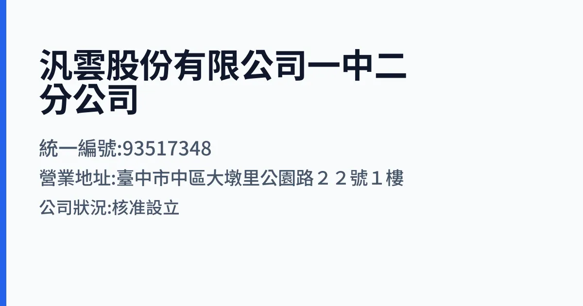 汎雲股份有限公司一中二分公司 - 統編 93517348(臺中市) 公司登記資料與營業項目詳細圖表
