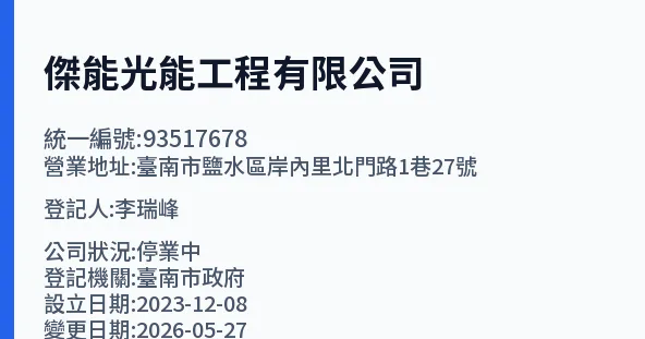 傑能光能工程有限公司的照片-統編 93517678(臺南市) 公司登記資料與營業項目詳細圖表