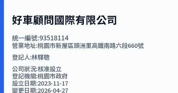 好車顧問國際有限公司的照片-統編 93518114(桃園市) 公司登記資料與營業項目詳細圖表