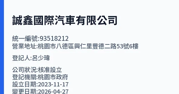 誠鑫國際汽車有限公司的照片-統編 93518212(桃園市) 公司登記資料與營業項目詳細圖表