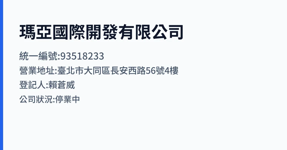 瑪亞國際開發有限公司 - 統編 93518233(臺北市) 公司登記資料與營業項目詳細圖表