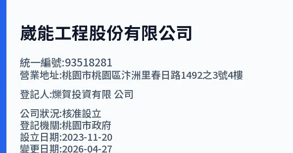 崴能工程股份有限公司的照片-統編 93518281(桃園市) 公司登記資料與營業項目詳細圖表