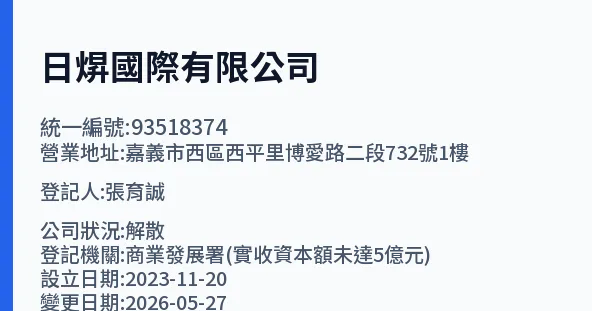 日焺國際有限公司的照片-統編 93518374(嘉義市) 公司登記資料與營業項目詳細圖表