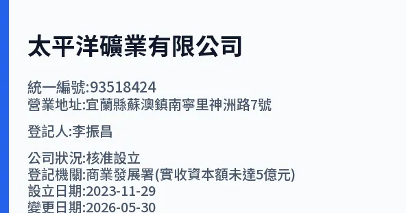 太平洋礦業有限公司的照片-統編 93518424(宜蘭縣) 公司登記資料與營業項目詳細圖表