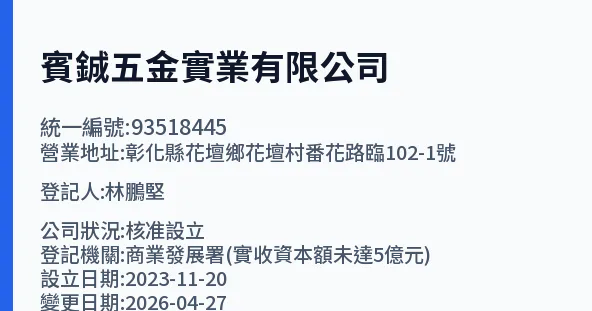 賓鋮五金實業有限公司的照片-統編 93518445(彰化縣) 公司登記資料與營業項目詳細圖表