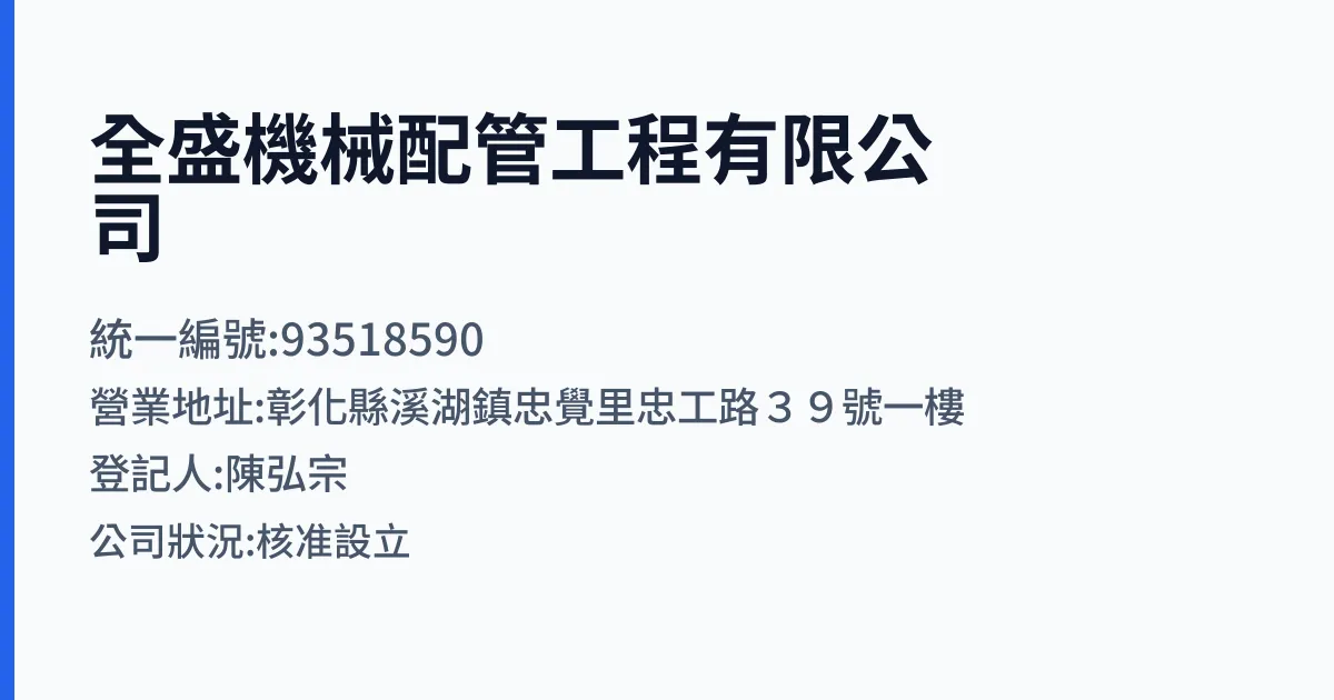 全盛機械配管工程有限公司 - 統編 93518590(彰化縣) 公司登記資料與營業項目詳細圖表
