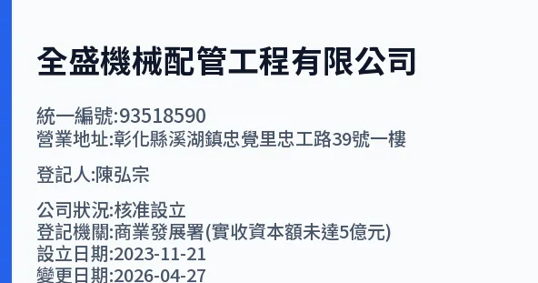 全盛機械配管工程有限公司的照片-統編 93518590(彰化縣) 公司登記資料與營業項目詳細圖表