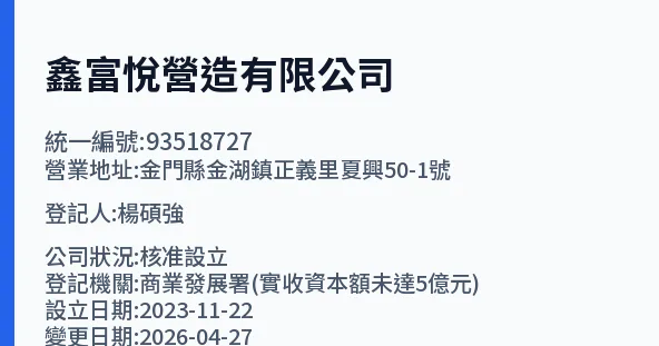鑫富悅營造有限公司的照片-統編 93518727(金門縣) 公司登記資料與營業項目詳細圖表