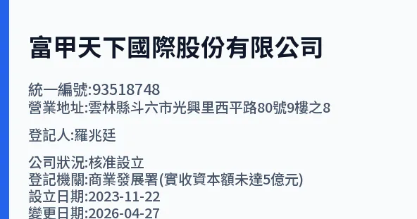 富甲天下國際股份有限公司的照片-統編 93518748(雲林縣) 公司登記資料與營業項目詳細圖表