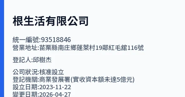 根生活有限公司的照片-統編 93518846(苗栗縣) 公司登記資料與營業項目詳細圖表