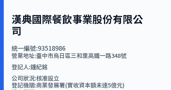 漢典國際餐飲事業股份有限公司的照片-統編 93518986(臺中市) 公司登記資料與營業項目詳細圖表