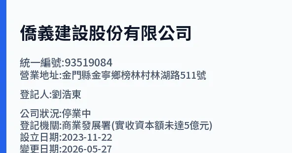 僑義建設股份有限公司的照片-統編 93519084(金門縣) 公司登記資料與營業項目詳細圖表