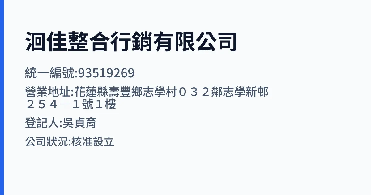 洄佳整合行銷有限公司 - 統編 93519269(花蓮縣) 公司登記資料與營業項目詳細圖表