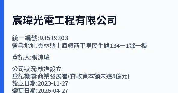 宸瑋光電工程有限公司的照片-統編 93519303(雲林縣) 公司登記資料與營業項目詳細圖表