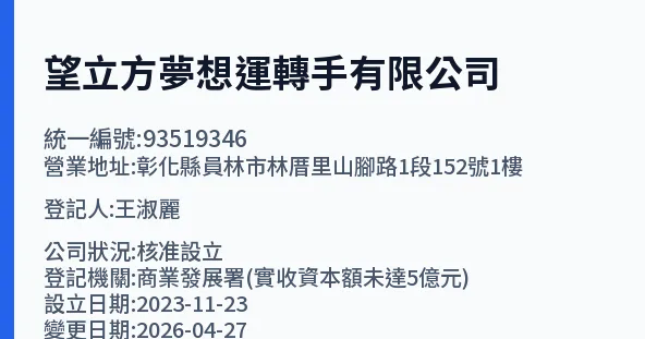 望立方夢想運轉手有限公司的照片-統編 93519346(彰化縣) 公司登記資料與營業項目詳細圖表