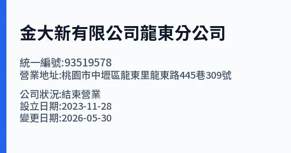 金大新有限公司龍東分公司的照片-統編 93519578(桃園市) 公司登記資料與營業項目詳細圖表