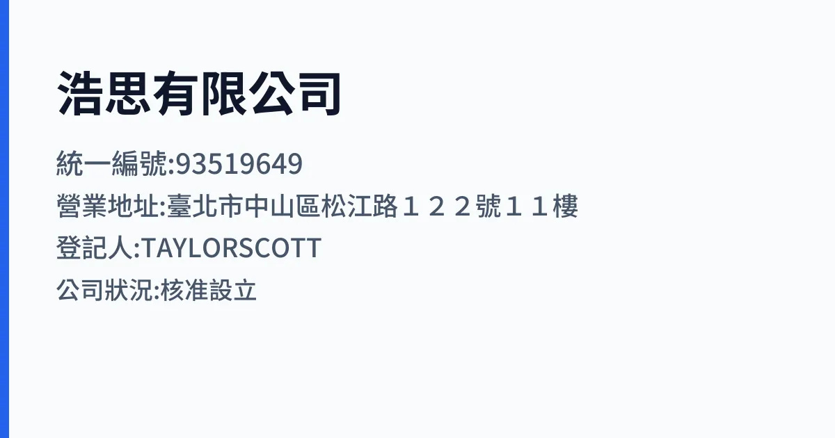 浩思有限公司 - 統編 93519649(臺北市) 公司登記資料與營業項目詳細圖表