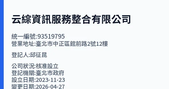 云綜資訊服務整合有限公司的照片-統編 93519795(臺北市) 公司登記資料與營業項目詳細圖表