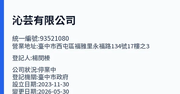 沁芸有限公司的照片-統編 93521080(臺中市) 公司登記資料與營業項目詳細圖表