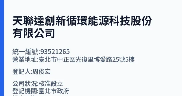 天聯達創新循環能源科技股份有限公司的照片-統編 93521265(臺北市) 公司登記資料與營業項目詳細圖表