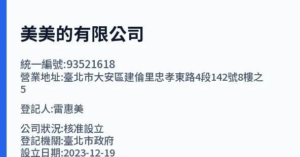 美美的有限公司的照片-統編 93521618(臺北市) 公司登記資料與營業項目詳細圖表