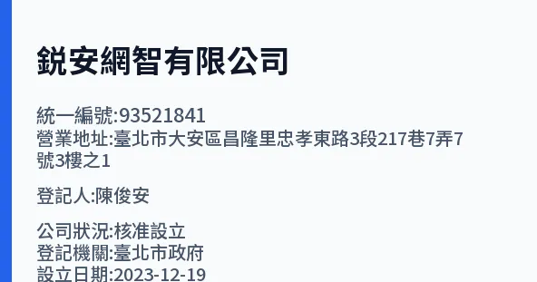 鋭安網智有限公司的照片-統編 93521841(臺北市) 公司登記資料與營業項目詳細圖表