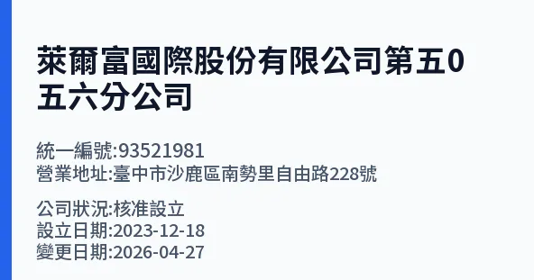 萊爾富國際股份有限公司第五0五六分公司的照片-統編 93521981(臺中市) 公司登記資料與營業項目詳細圖表