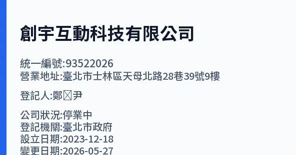 創宇互動科技有限公司的照片-統編 93522026(臺北市) 公司登記資料與營業項目詳細圖表